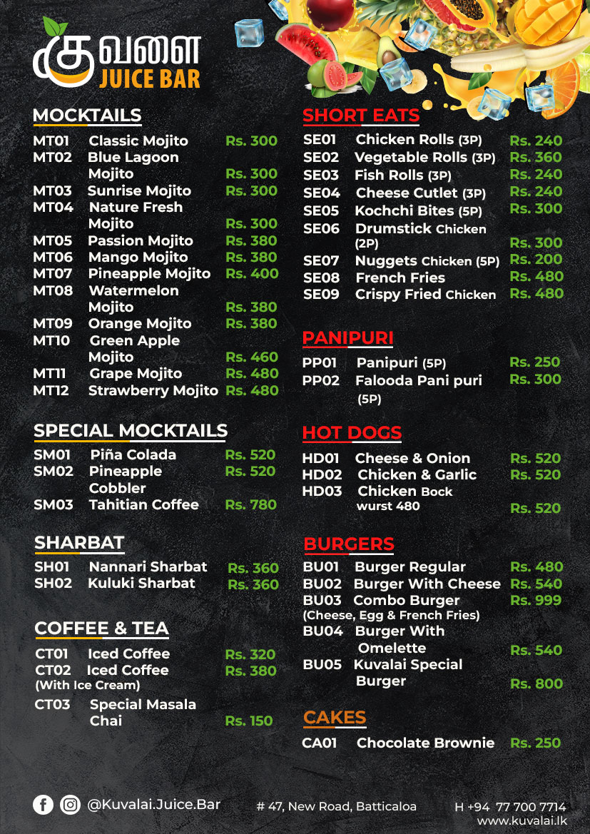 Menu - Kuvalai Juice Bar